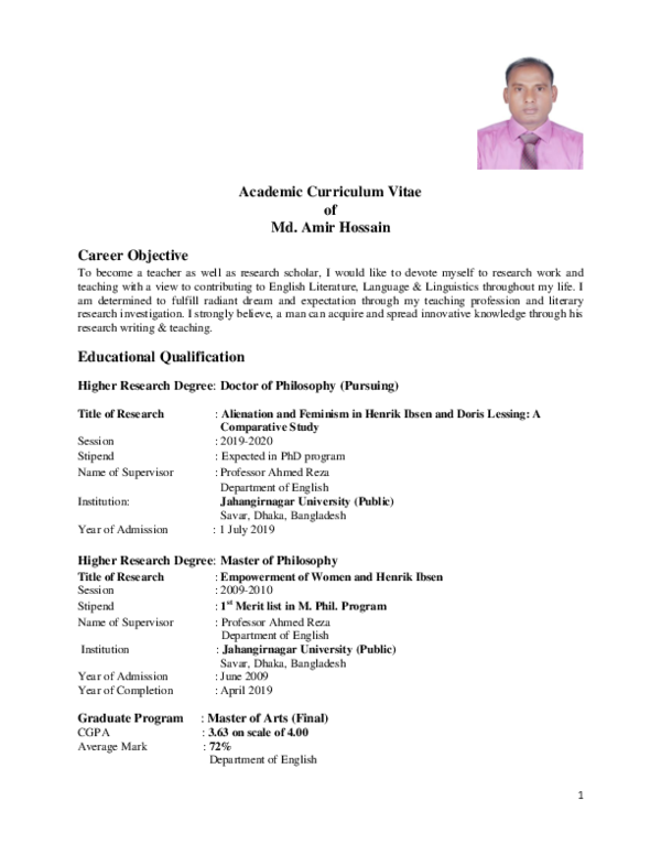 (PDF) Curriculum Vitae of Md. Amir Hossain 2020