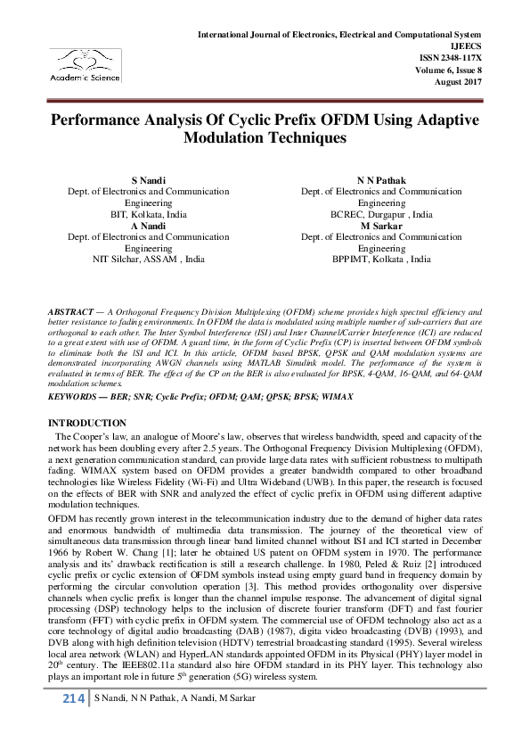 Pdf Performance Analysis Of Cyclic Prefix Ofdm Using Adaptive Modulation Techniques