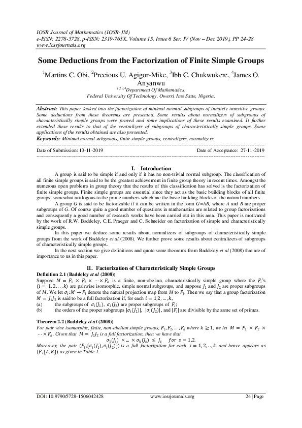 (PDF) Some Deductions from the Factorization of Finite Simple Groups