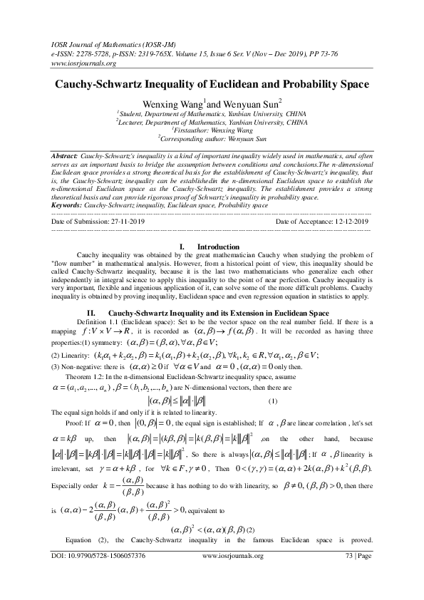 (PDF) Cauchy-Schwartz Inequality of Euclidean and Probability Space