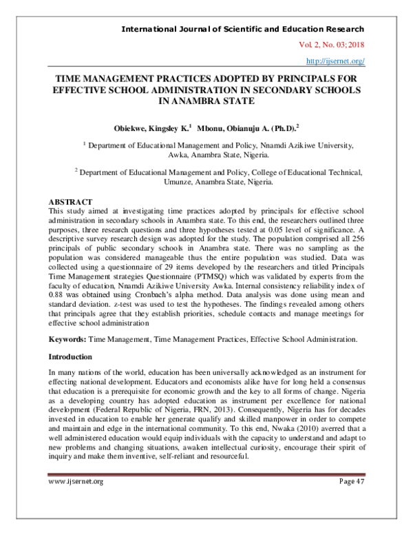 (PDF) TIME MANAGEMENT PRACTICES ADOPTED BY PRINCIPALS FOR EFFECTIVE ...