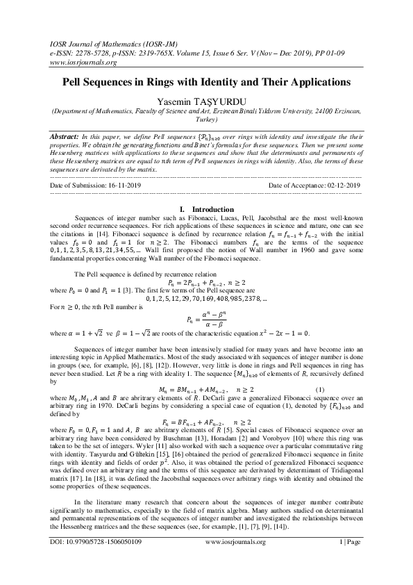 (PDF) Pell Sequences in Rings with Identity and Their Applications