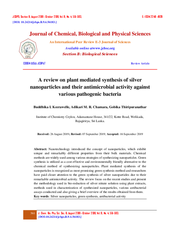 (PDF) A review on plant mediated synthesis of silver nanoparticles and their antimicrobial ...
