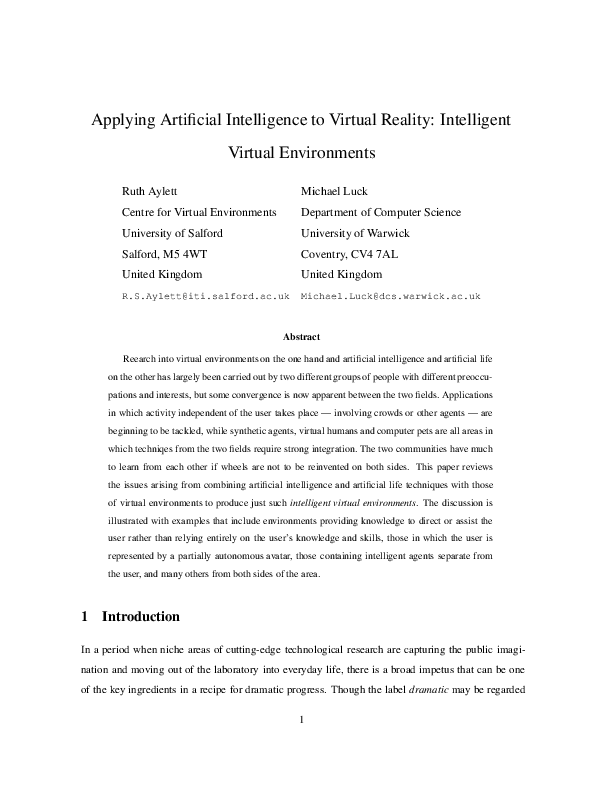 (PDF) Applying artificial intelligence to virtual reality: Intelligent ...