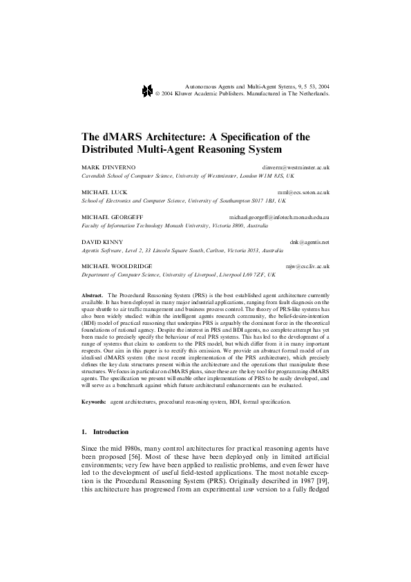 (PDF) The dmars architecture: A specification of the distributed multi-agent reasoning system