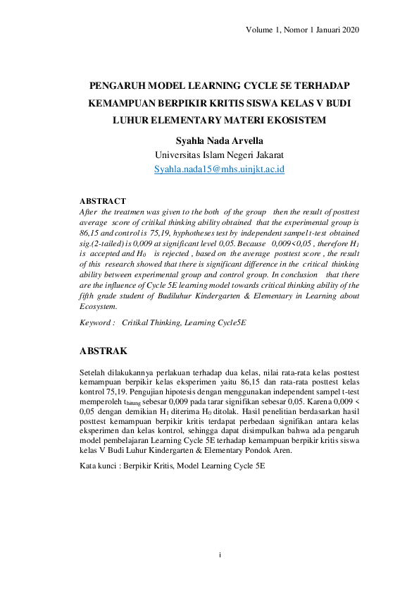 (DOC) PENGARUH MODEL LEARNING CYCLE 5E TERHADAP KEMAMPUAN BERPIKIR KRITIS SISWA KELAS V BUDI ...