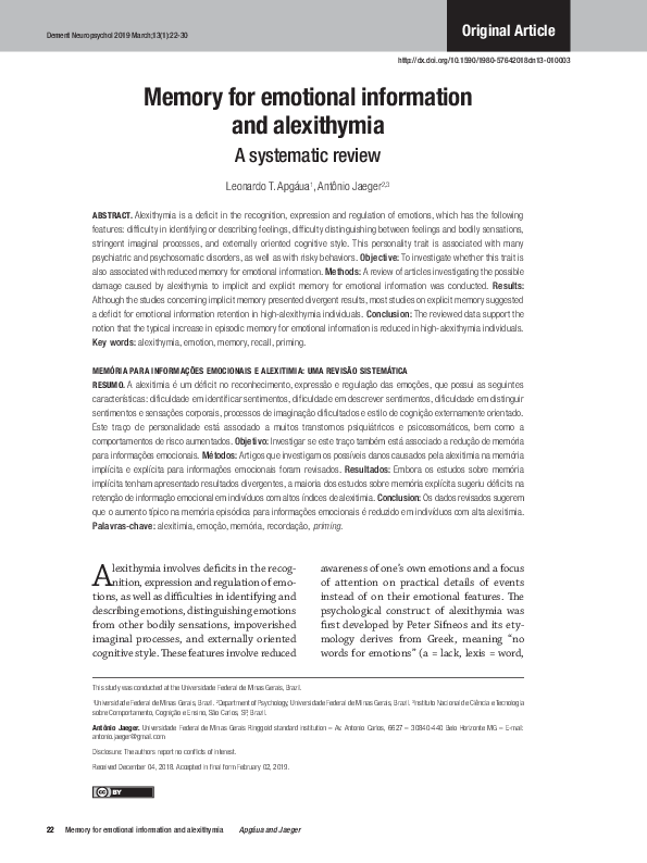 (PDF) Memory for emotional information and alexithymia: A systematic review