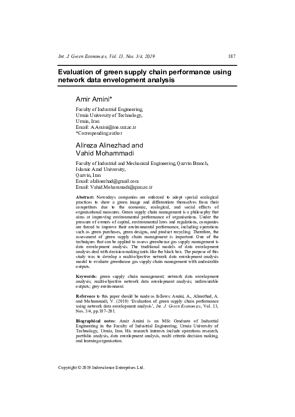 (PDF) Evaluation of green supply chain performance using network data envelopment analysis