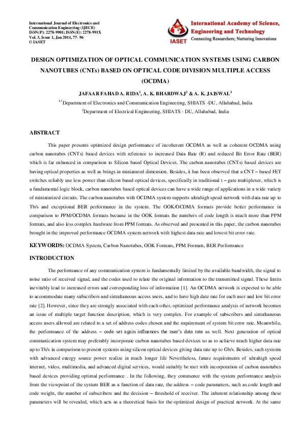 (PDF) DESIGN OPTIMIZATION OF OPTICAL COMMUNICATION SYSTEMS USING CARBON NANOTUBES (CNTs) BASED ...