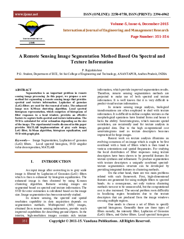 (PDF) A Remote Sensing Image Segmentation Method Based On Spectral And Texture Information(351-356)