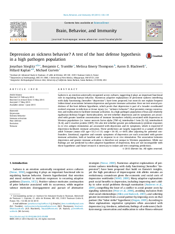 (PDF) Depression as sickness behavior? A test of the host defense ...
