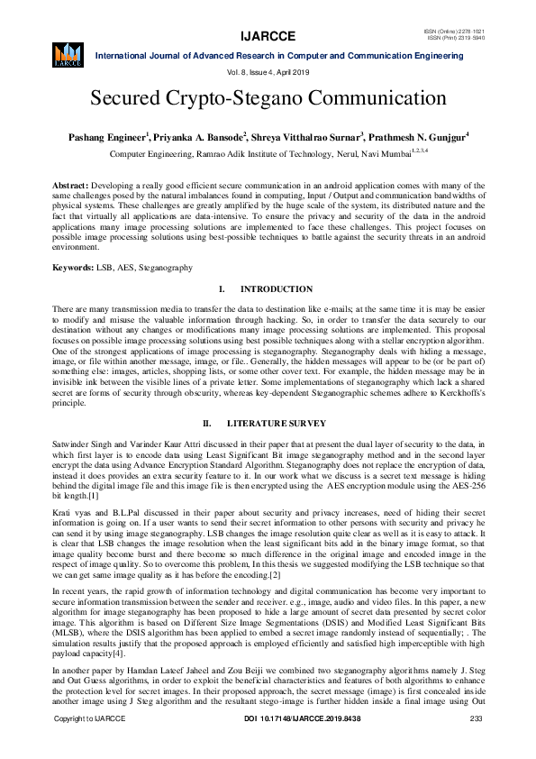 (PDF) IJARCCE Secured Crypto-Stegano Communication