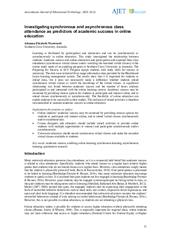 (PDF) Investigating synchronous and asynchronous class attendance as ...
