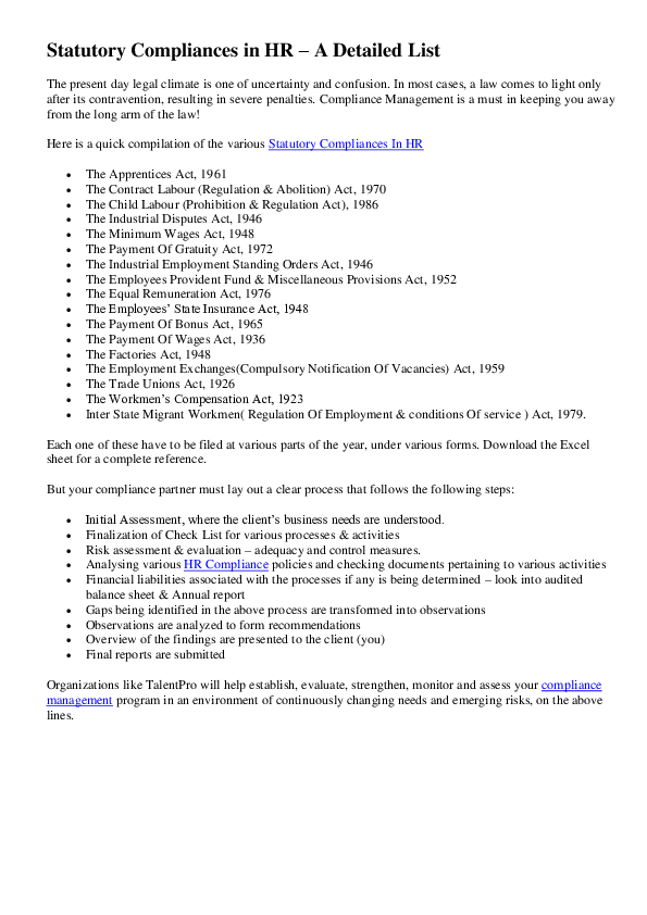 (DOC) Statutory Compliances in HR -A Detailed List