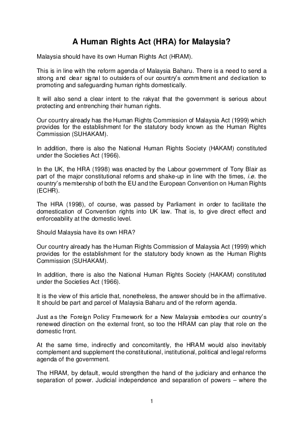(DOC) A Human Rights Act (HRA) for Malaysia