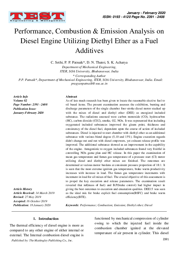 (PDF) Performance, Combustion & Emission Analysis on Diesel Engine Utilizing Diethyl Ether as a ...