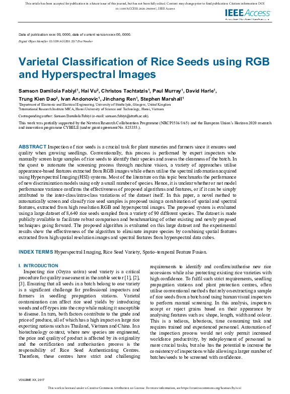 Pdf Varietal Classification Of Rice Seeds Using Rgb And Hyperspectral
