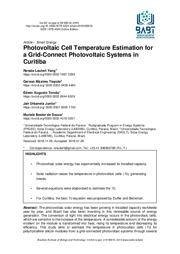 Pdf Photovoltaic Cell Temperature Estimation For A Grid Connect Photovoltaic Systems In Curitiba