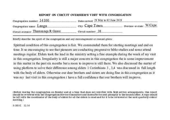 (PDF) REPORT ON CIRCUIT OVERSEER'S VISIT WITH CONGREGATION