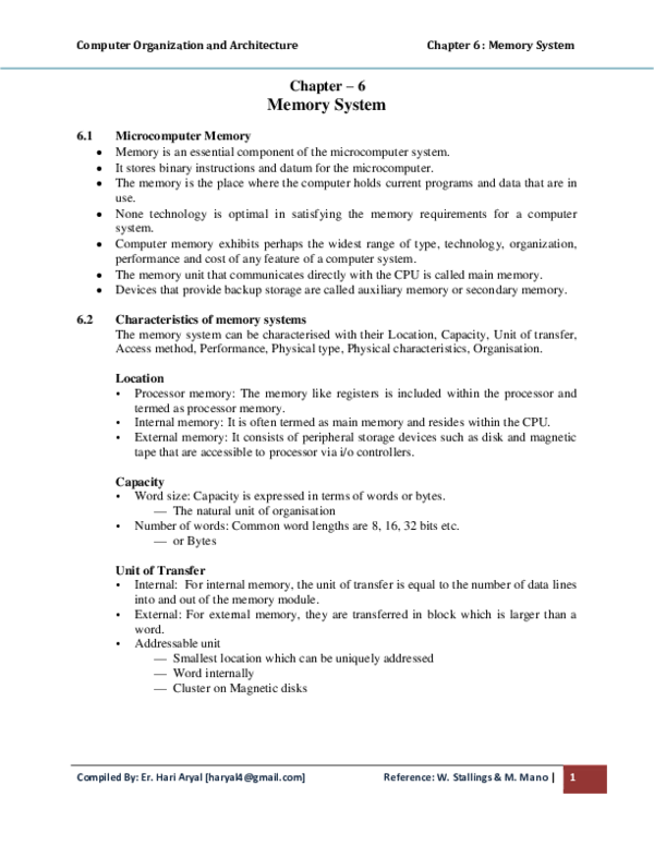 (PDF) Computer Organization and Architecture Chapter 6 : Memory System