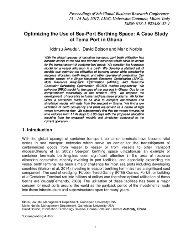 (PDF) Optimizing the Use of Sea-Port Berthing Space: A Case Study of ...
