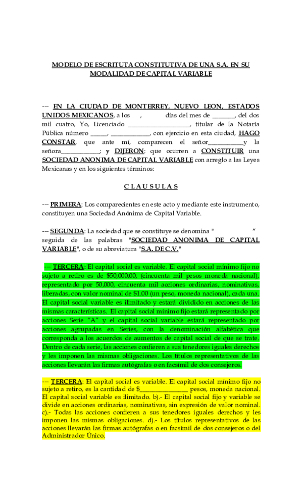 (DOC) Modelo de escritura constitutiva de un S.A. de CV