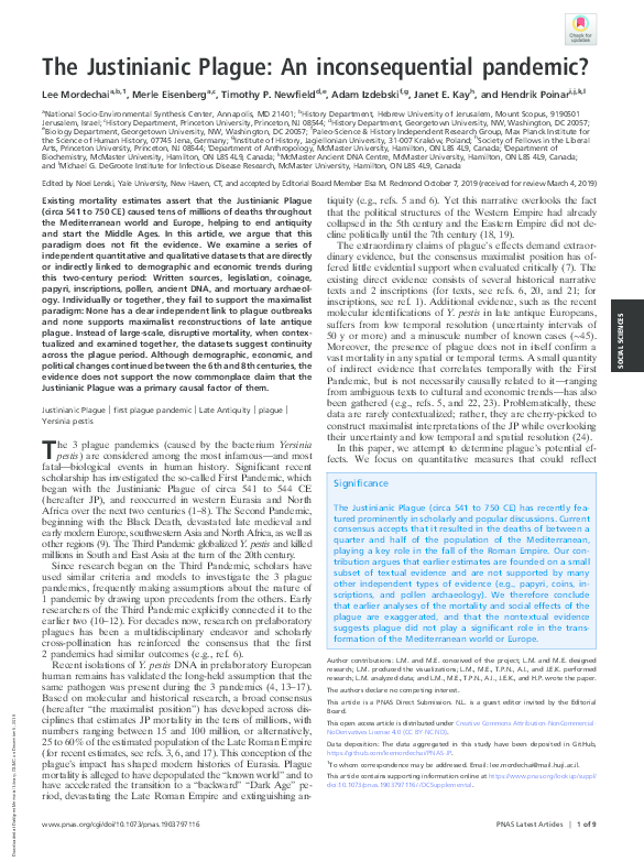 (PDF) "The Justinianic Plague: An Inconsequential Pandemic?" PNAS 116 ...