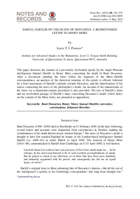 (PDF) Samuel Hartlib on the death of Descartes: a rediscovered letter ...