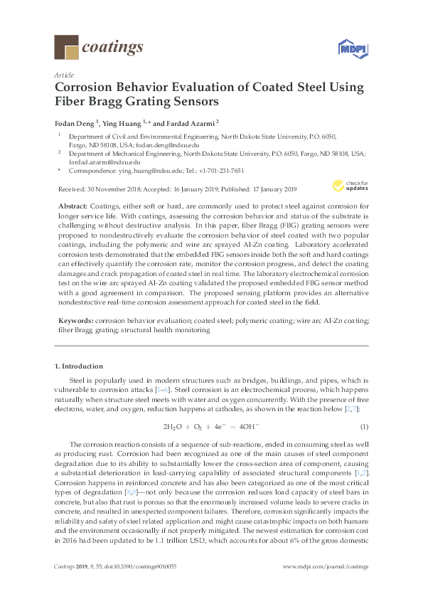(PDF) Corrosion Behavior Evaluation of Coated Steel Using Fiber Bragg Grating Sensors