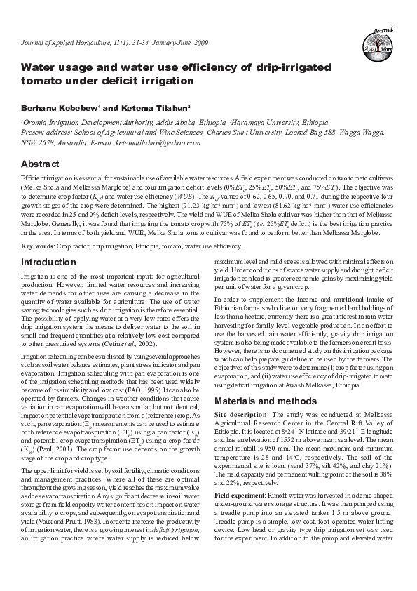 (PDF) Water usage and water use effi ciency of drip-irrigated tomato ...