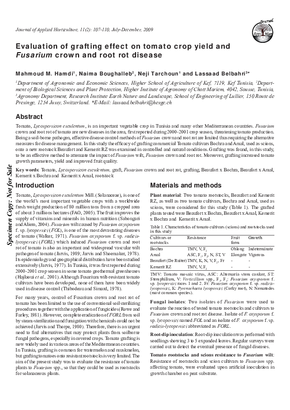 (PDF) Evaluation of grafting effect on tomato crop yield and Fusarium ...