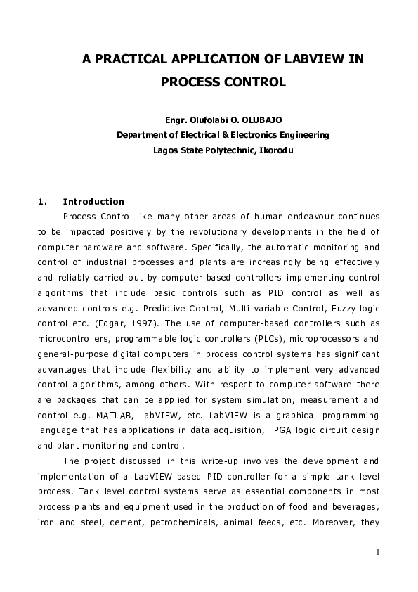 Doc A Practical Application Of Labview In Process Control