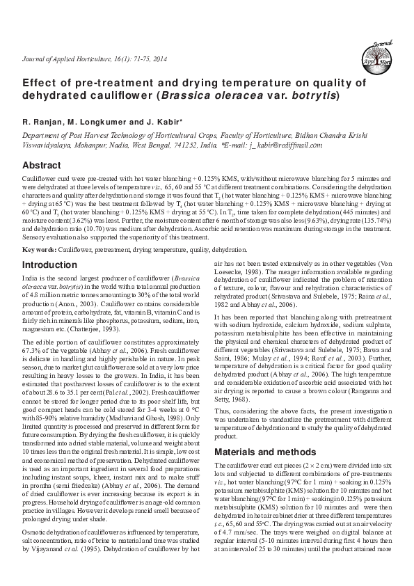 (PDF) Effect of pre-treatment and drying temperature on quality of dehydrated caulifl ower ...
