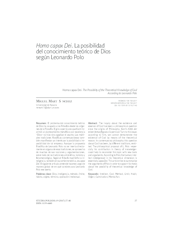 (PDF) Homo capax Dei. La posibilidad del conocimiento teórico de Dios
