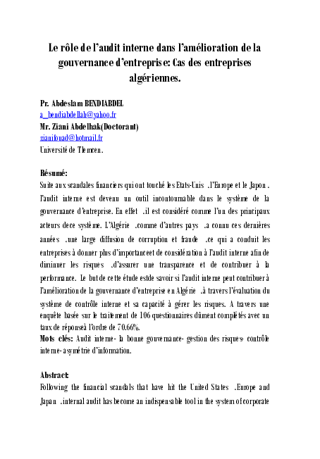 (PDF) Le rôle de l’audit interne dans l’amélioration de la gouvernance d’entreprise Cas des ...
