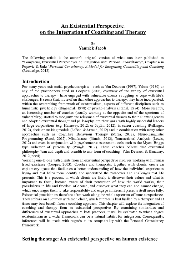 (DOC) Existential Perspective on the integration of Coaching and Psychotherapy