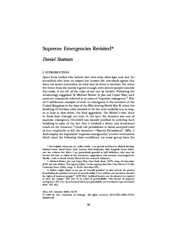 (PDF) Supreme Emergencies Revisited | Daniel Statman - Academia.edu