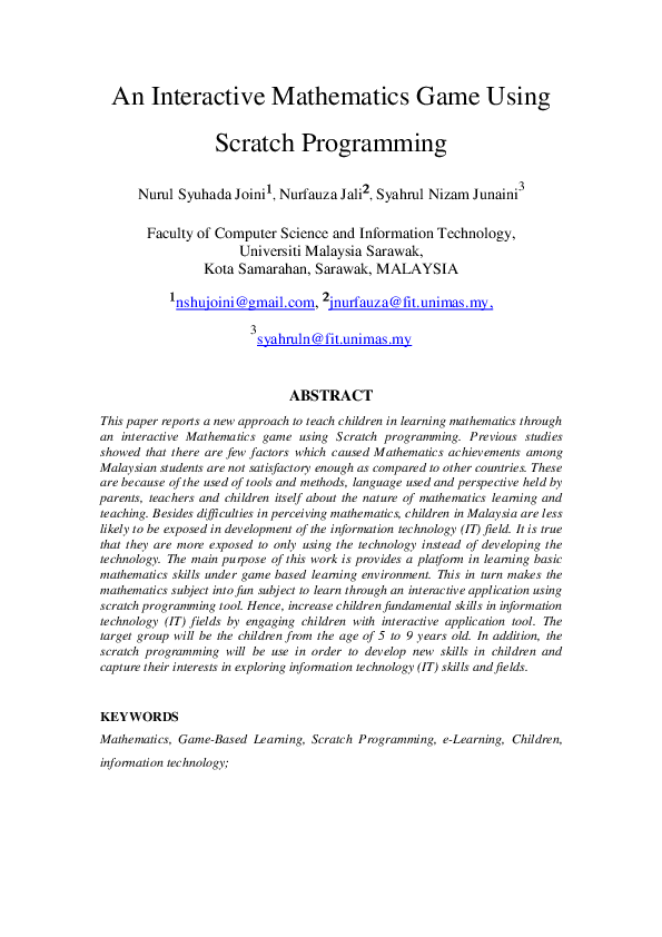 (PDF) An Interactive Mathematics Game Using Scratch Programming