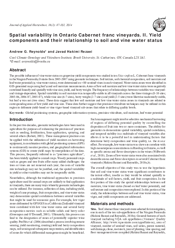 (PDF) Spatial variability in Ontario Cabernet franc vineyards. II. Yield components and their ...