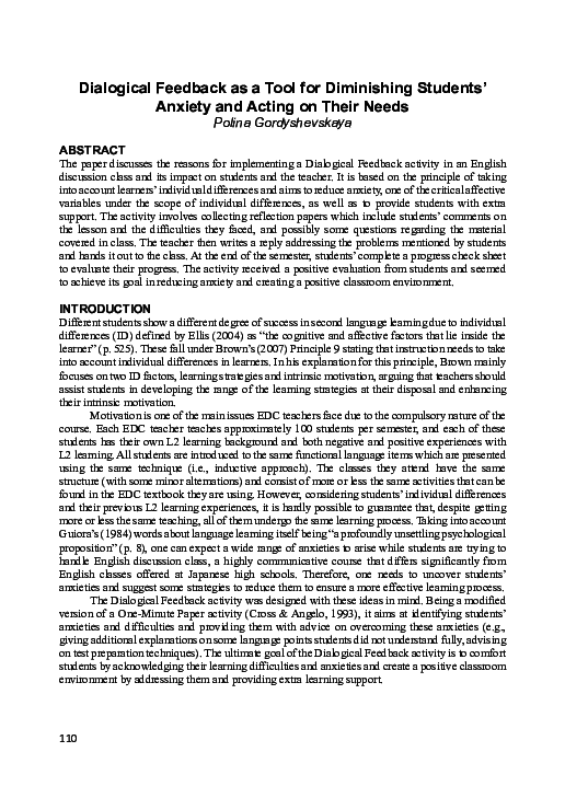 (PDF) Dialogical Feedback as a Tool for Diminishing Students' Anxiety ...