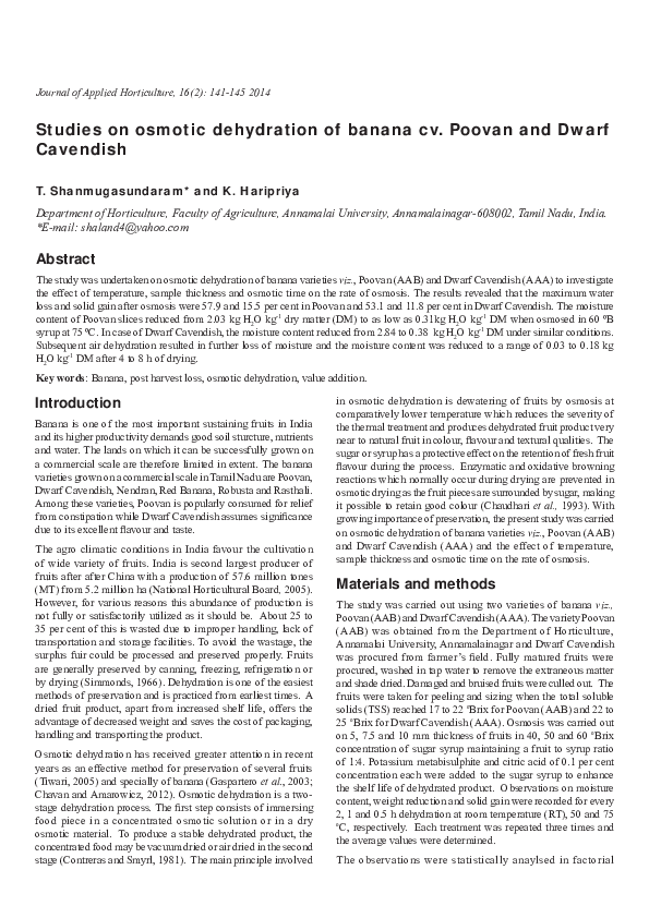 (PDF) Studies on osmotic dehydration of banana cv. Poovan and Dwarf ...