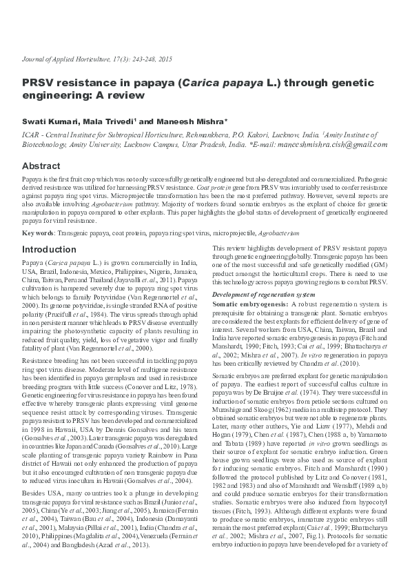 (PDF) PRSV resistance in papaya (Carica papaya L.) through genetic ...