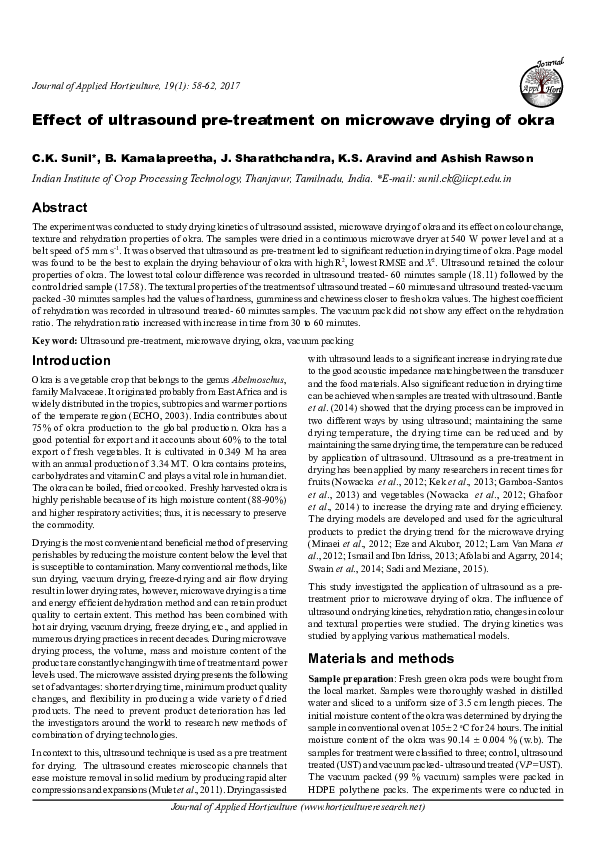 (PDF) Effect of ultrasound pre-treatment on microwave drying of okra