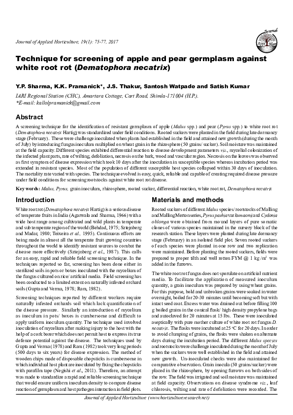 (PDF) Technique for screening of apple and pear germplasm against white ...