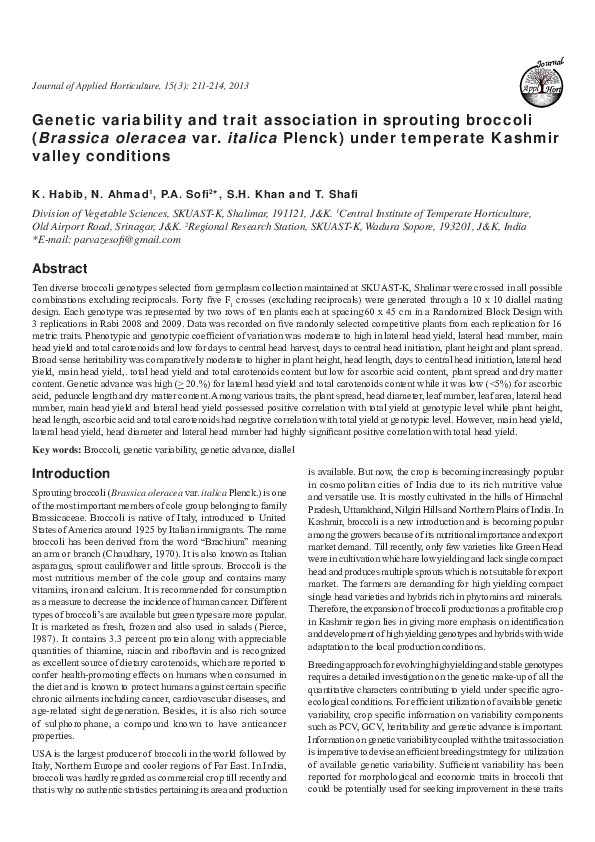 Pdf Genetic Variability And Trait Association In Sprouting Broccoli