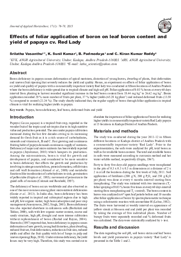 Pdf Effects Of Foliar Application Of Boron On Leaf Boron Content And