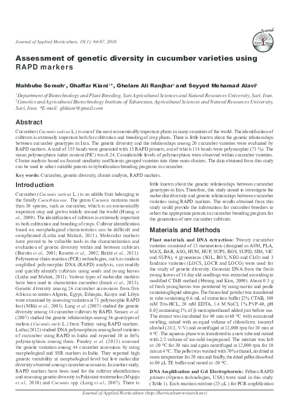(PDF) Assessment of genetic diversity in cucumber varieties using RAPD markers