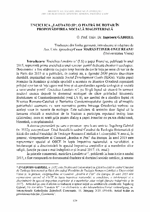 (PDF) INGEBORG GABRIEL: Enciclica "Laudato Si'". O piatră de hotar în ...
