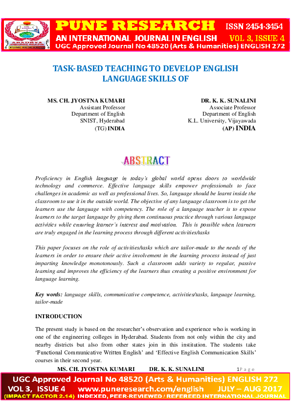 (PDF) TASK-BASED TEACHING TO DEVELOP ENGLISH LANGUAGE SKILLS OF