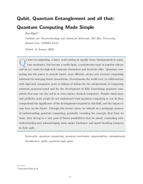 (PDF) Qubit, Quantum Entanglement and all that: Quantum Computing Made Simple